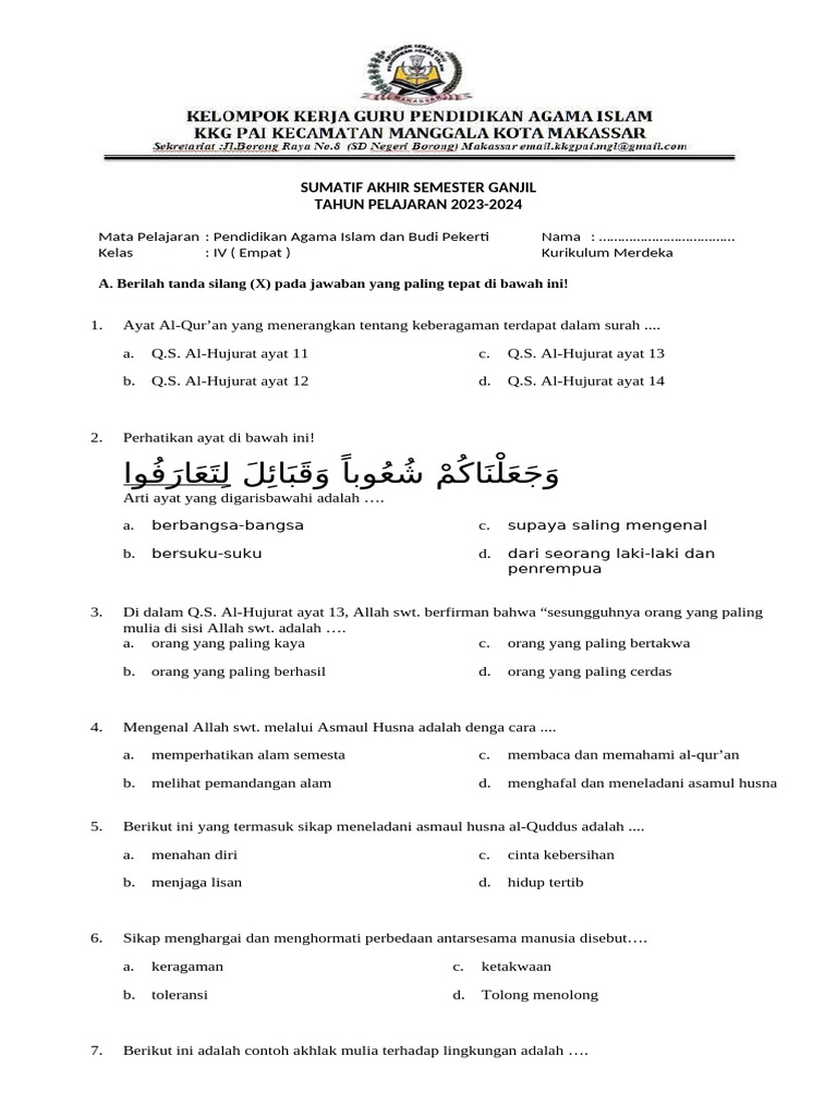 Soal SAS Pai Kls 4 SMT 1.2023-2024 | PDF | Agama & Spiritualitas