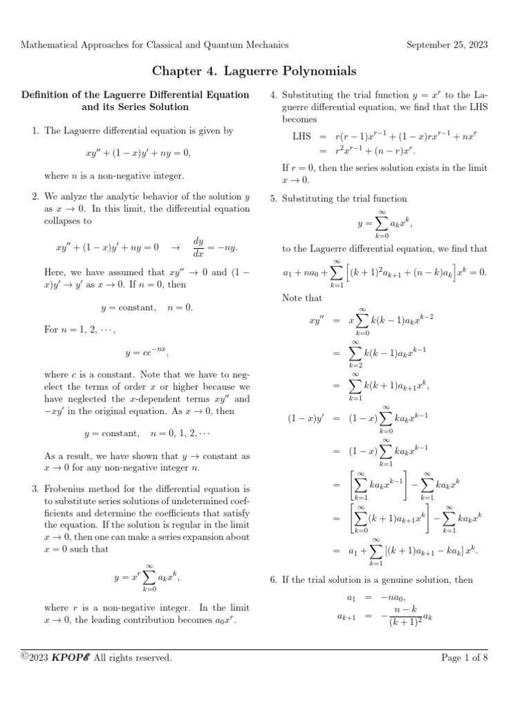Chapter 4. Laguerre Polynomials: Definition of The Laguerre Differential Equation and Its Series ...