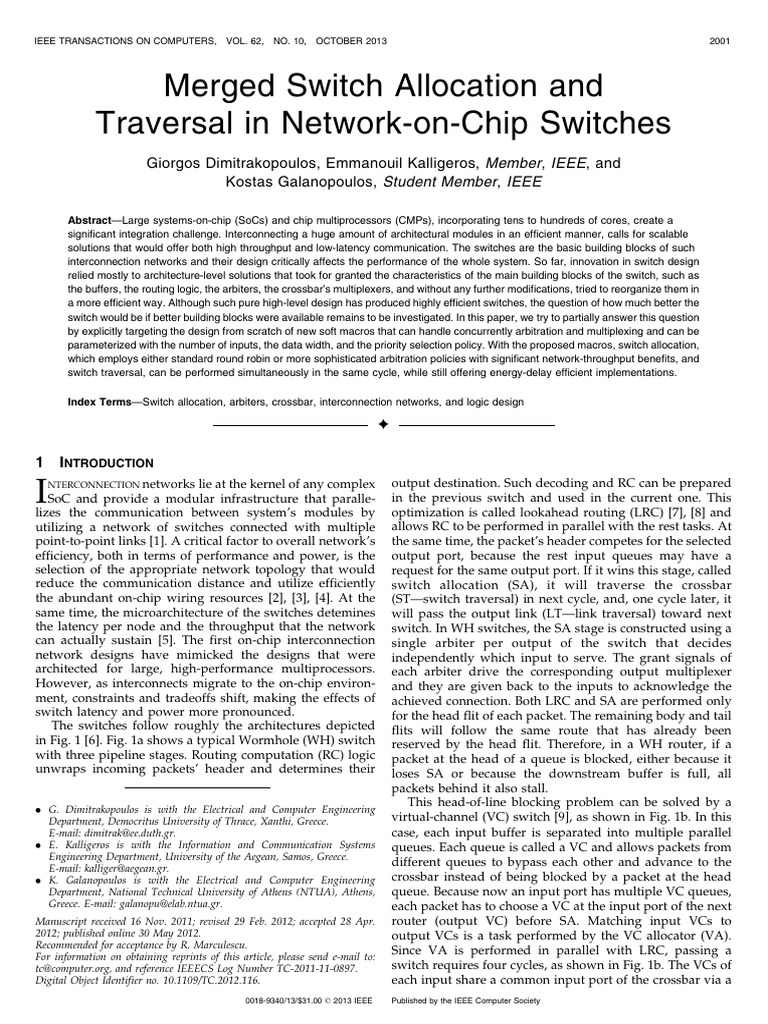 Merged Switch Allocation and Traversal in Network-on-Chip Switches | PDF