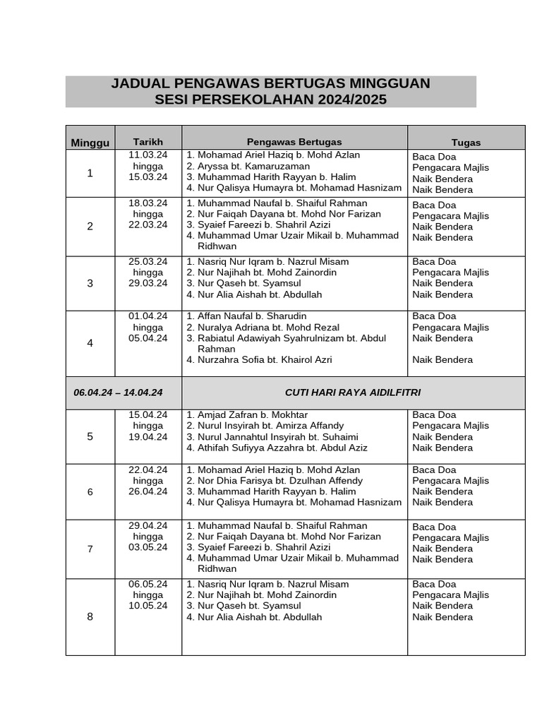 Jadual Pengawas Bertugas Mingguan 2024-2025 | PDF