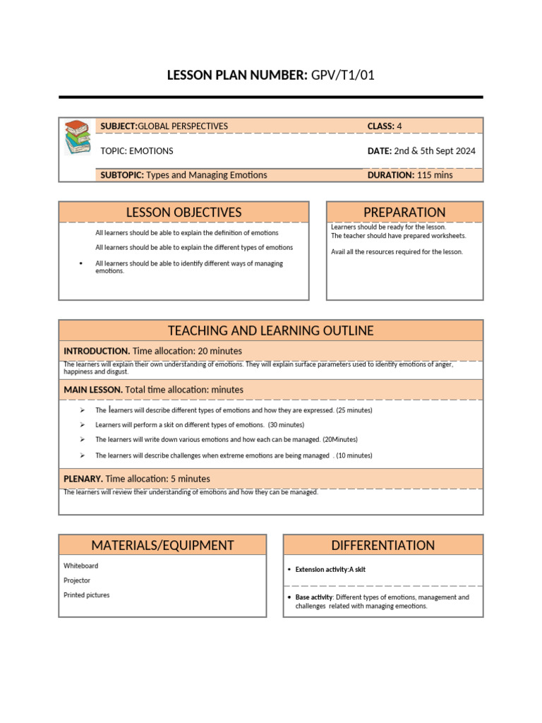 Year 4 GPV Week 1 Lesson Plan | PDF | Lesson Plan | Emotions