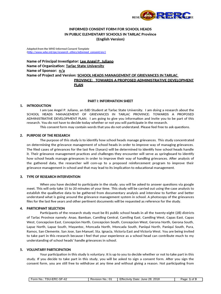 English Version Informed Consent Form For School Heads | PDF