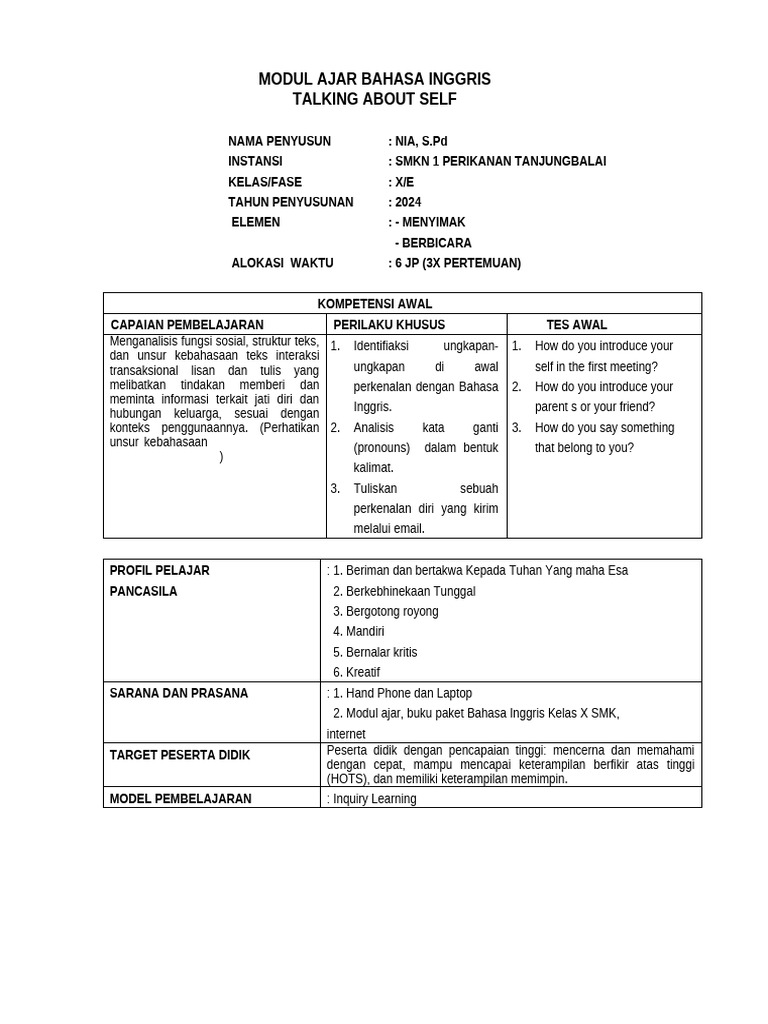 Modul Ajar Bahasa Inggris Fase e Talking About Self | PDF