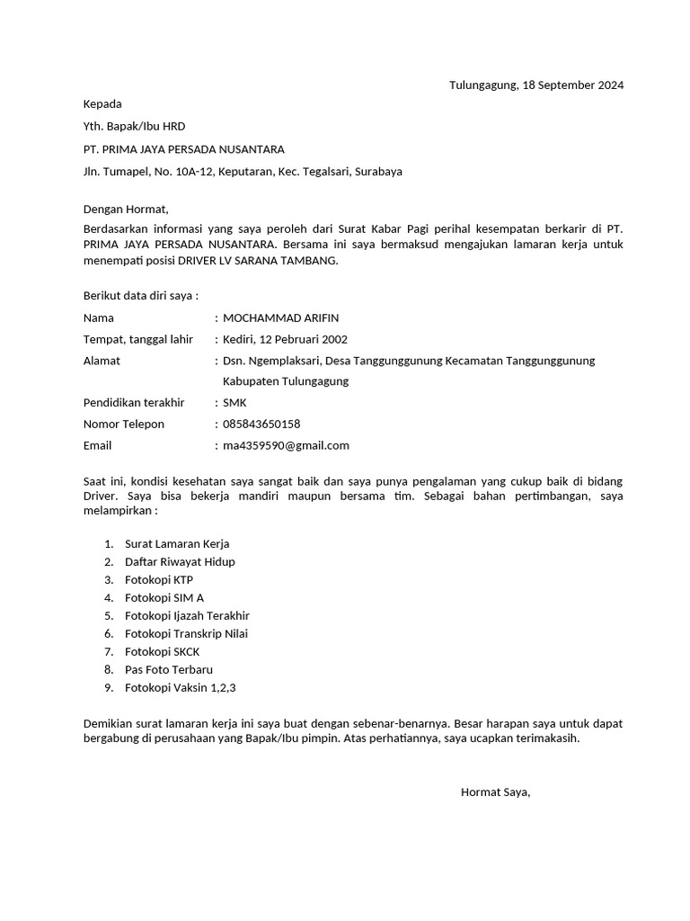 Surat Lamarn Kerja Prima PErsada | PDF