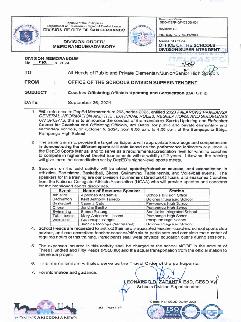 Division Memorandum No. 533 S. 2024 Coaches Officiating Officials Updating and Certification ...
