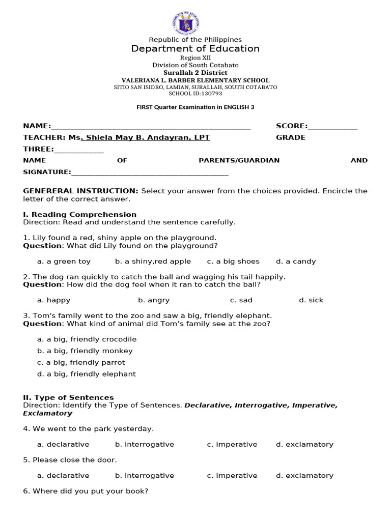 Grade 3 English First Quarter Exam | PDF | Plural | Phrase