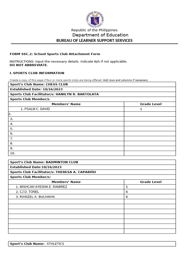 FORM SSC.2 SOWA ES School Sports Club Attachment Form v1 | PDF