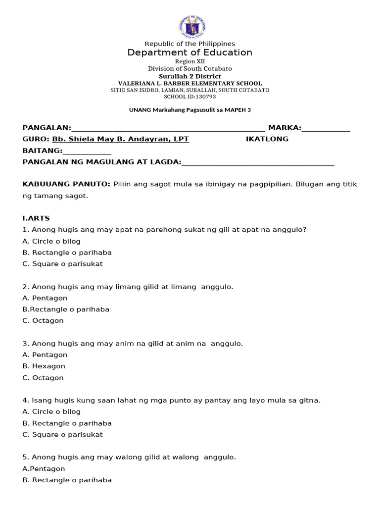 Grade 3 MAPEH First Quarter Exam | PDF