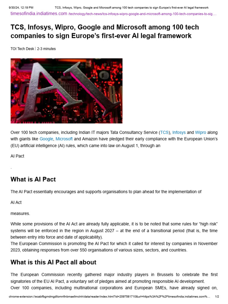 TCS, Infosys, Wipro, Google and Microsoft Among 100 Tech Companies To Sign Europe's First-Ever ...