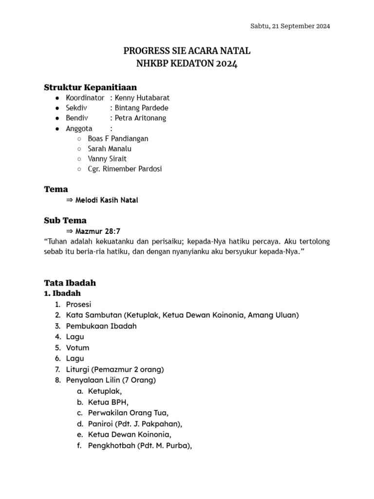 Struktur Kepanitiaan: Progress Sie Acara Natal NHKBP Kedaton 2024 | PDF