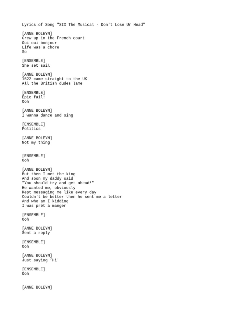 Six The Musical Don T Lose Ur Head Pdf