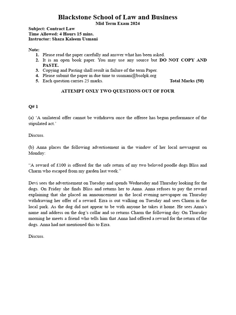 Contract Law Mid Term 2024 | PDF