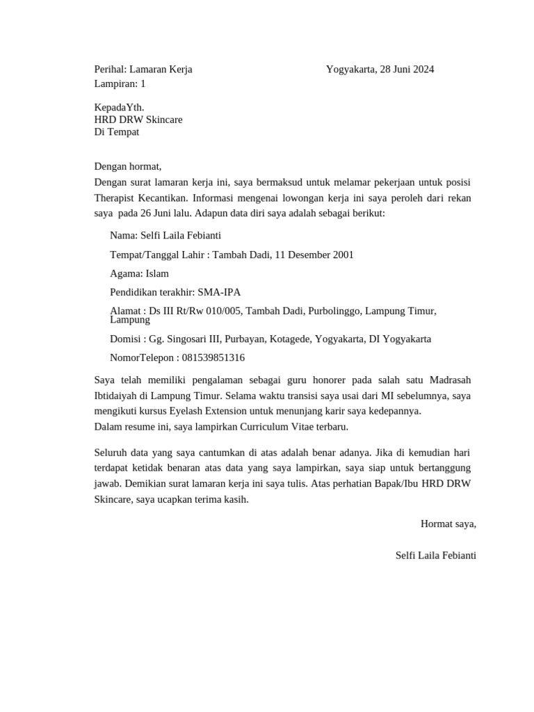 Lamaran Kerja DRW | PDF