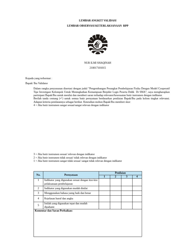 Lembar Angket Validasi Keterlaksanaan RPP | PDF