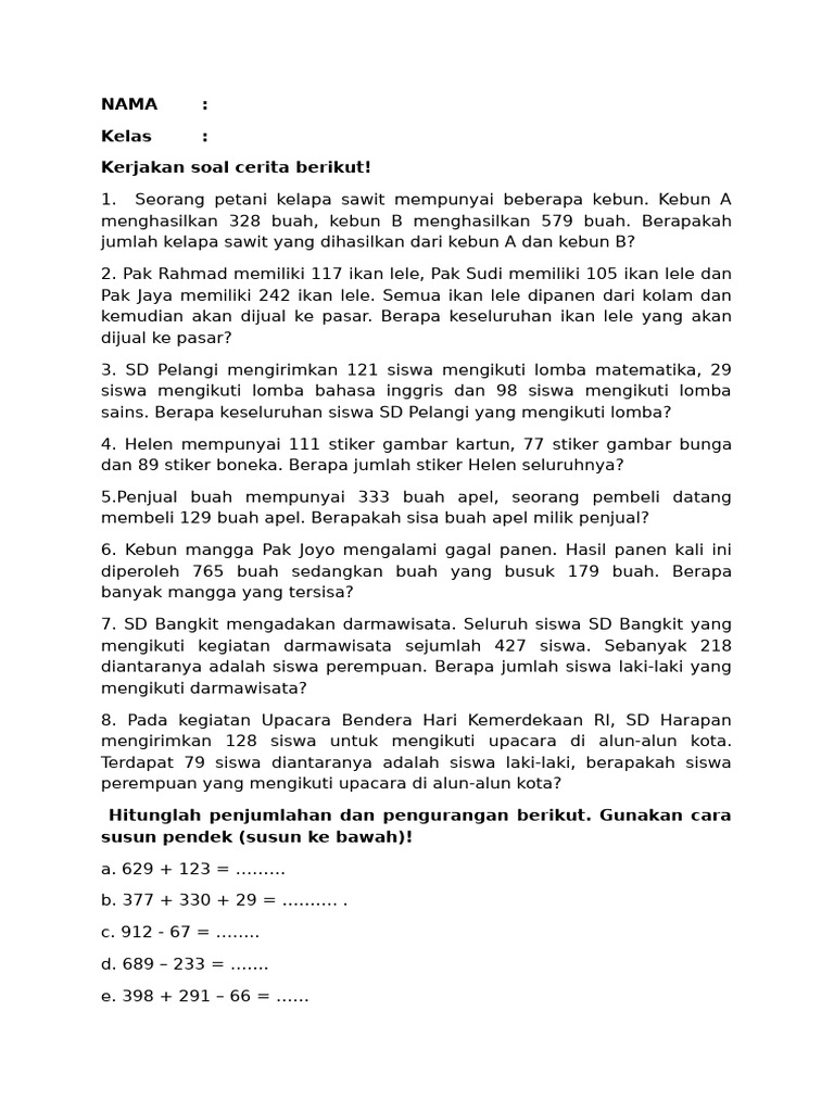 Kelas 4 - MTK - Soal Cerita Penjumlahan Dan Pengurangan | PDF
