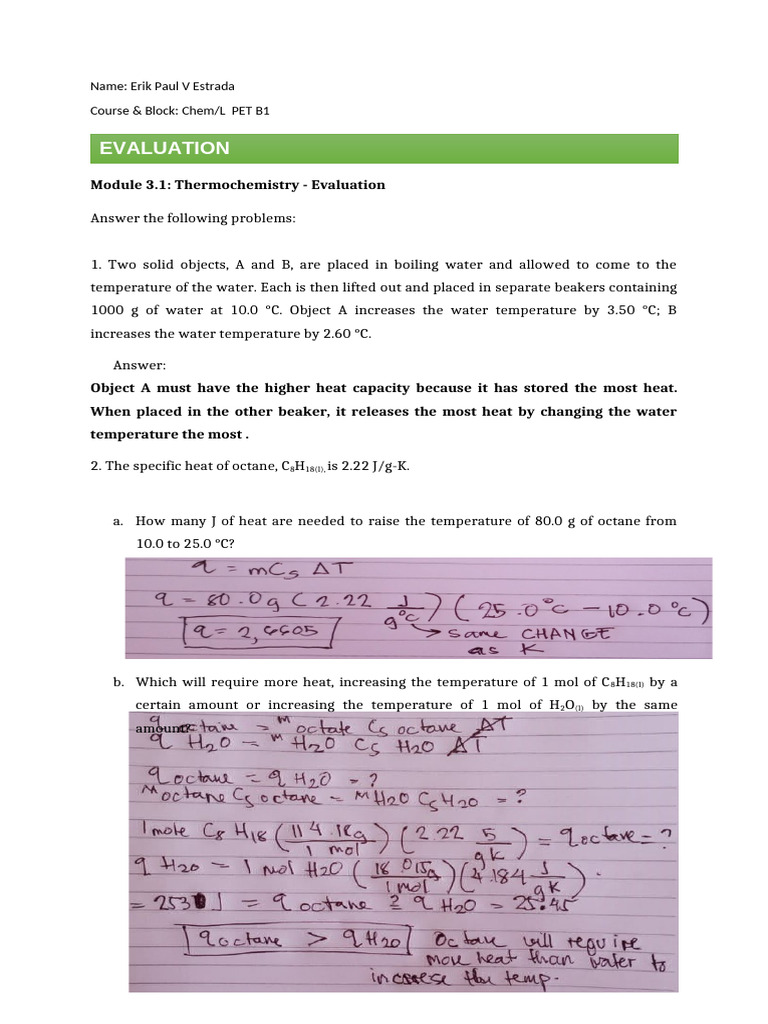 ANSWER SHEET Thermochemistry 3.2 | PDF | Heat | Chemical Reactions