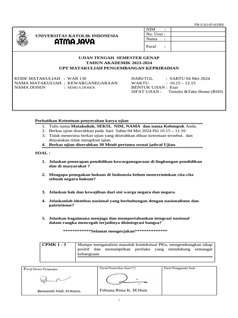 BSD Soal UTS Genap WAR 130 - 2023-2024 | PDF