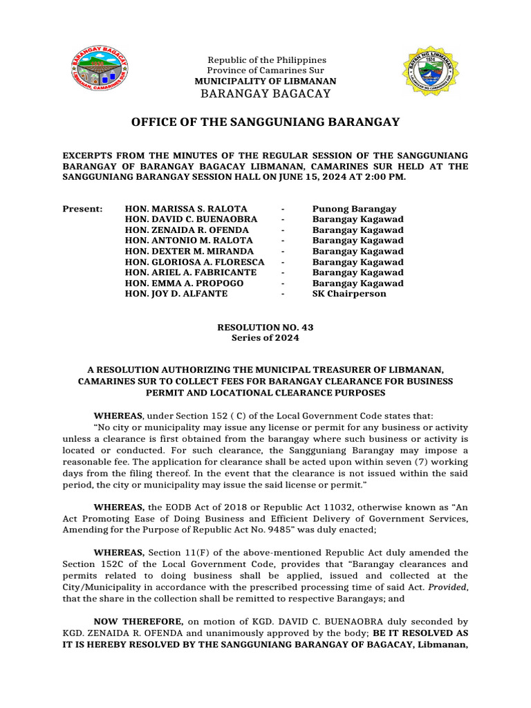 Brgy SB Resolution Authorizing The LGU To Collect Brgy Clearance | PDF