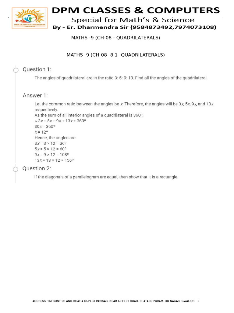 MATHS - 9 - UNIT - 08-QUADRILATggERAhhLS - QA | PDF