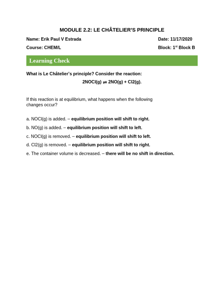 Le Châtelier's Principle Practice Guide | PDF | Chemical Equilibrium ...