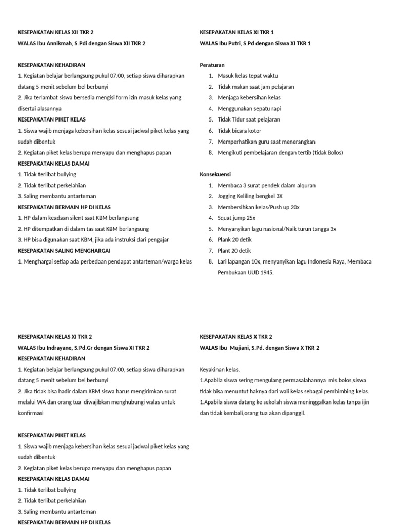 KESEPAKATAN KELAS Siswa Dengan Walas TKR | PDF
