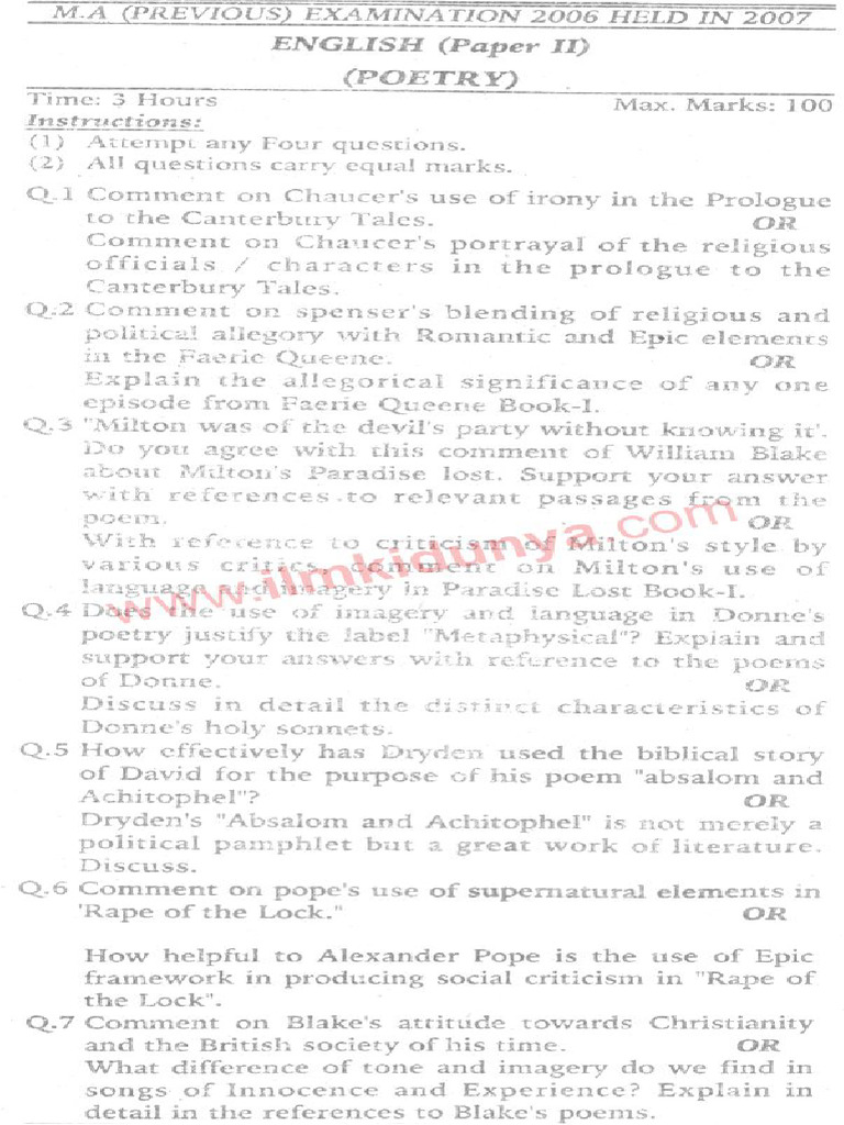 Karachi University English MA Part 1 Past Paper 2007 Paper 2 | PDF