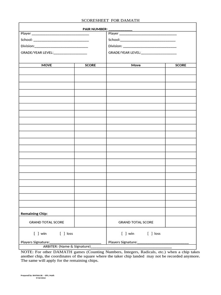Damath Scoresheet | PDF
