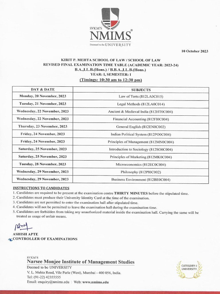 BA BBA SEM I III V VII IX Revised Final Exam Time Table AY 2023 24 Vuxpg4mvOH | PDF