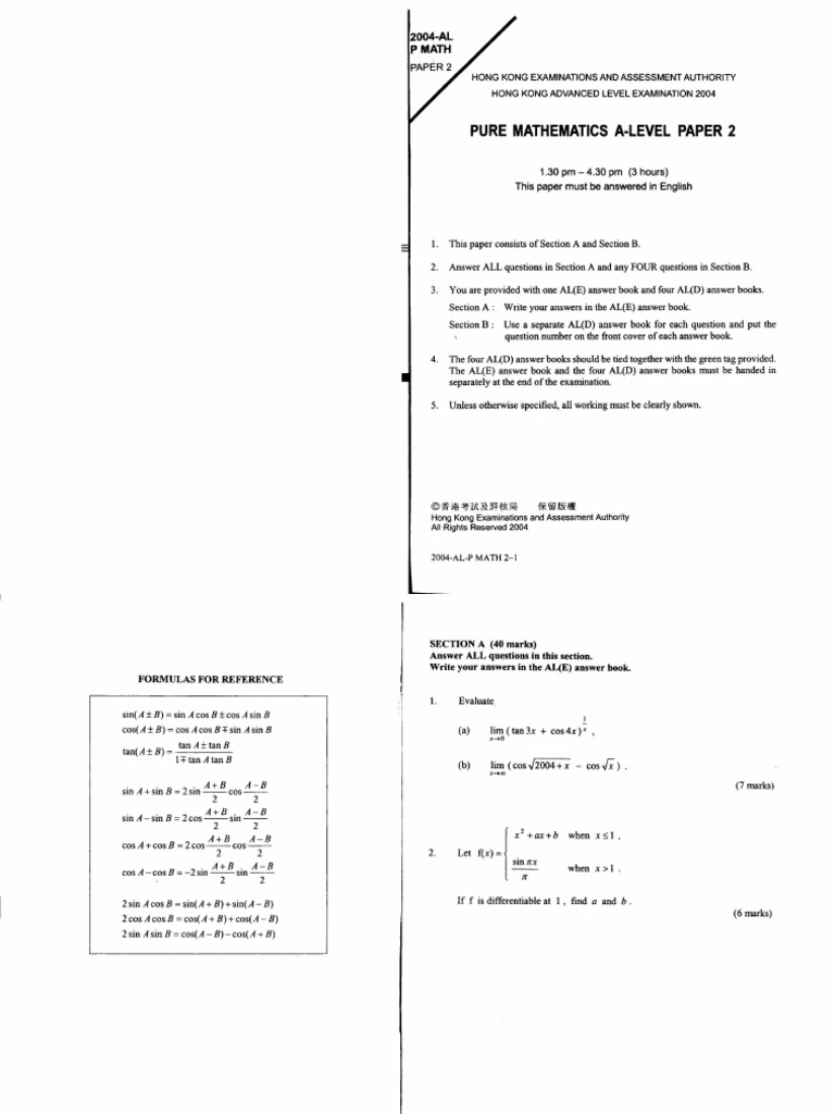 2004 AL Pure Math Paper2 | PDF