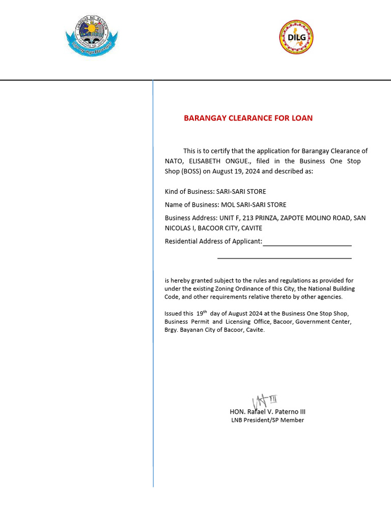 Bacoor Barangay Clearance | PDF
