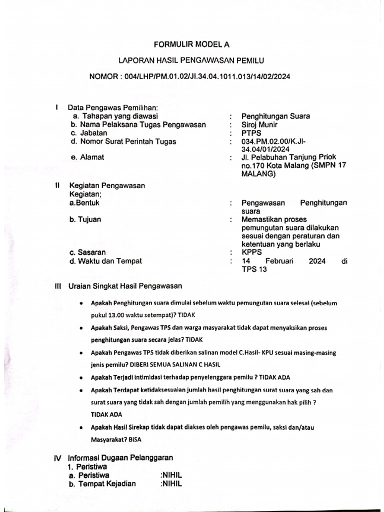 Formulir A Perhitungan Suara TPS 13 | PDF