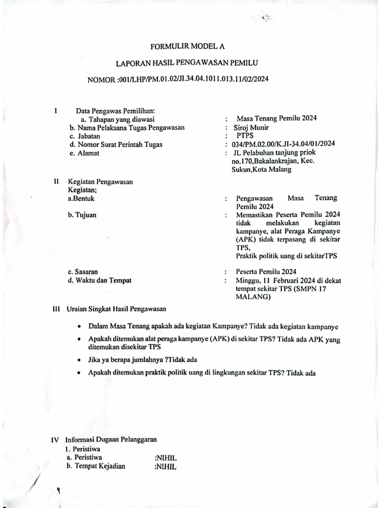Formulir A Masa Tenang TPS 13 | PDF