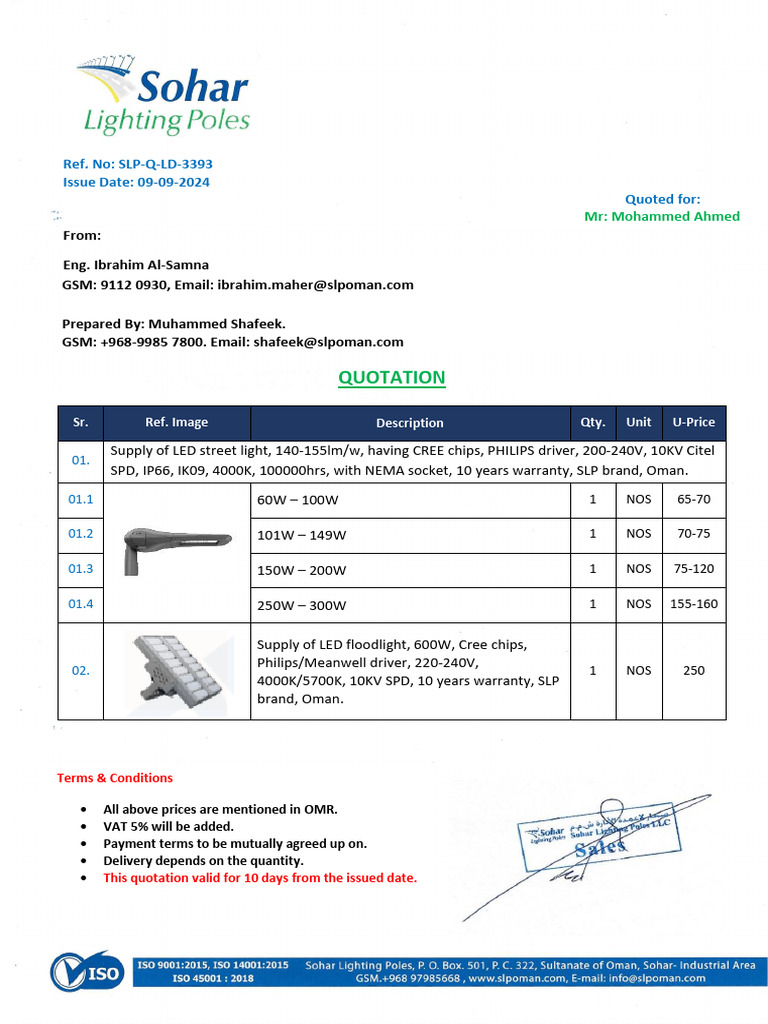 Quotation: Ref. No: SLP-Q-LD-3393 Issue Date: 0 - 09-2024 Quoted For | PDF