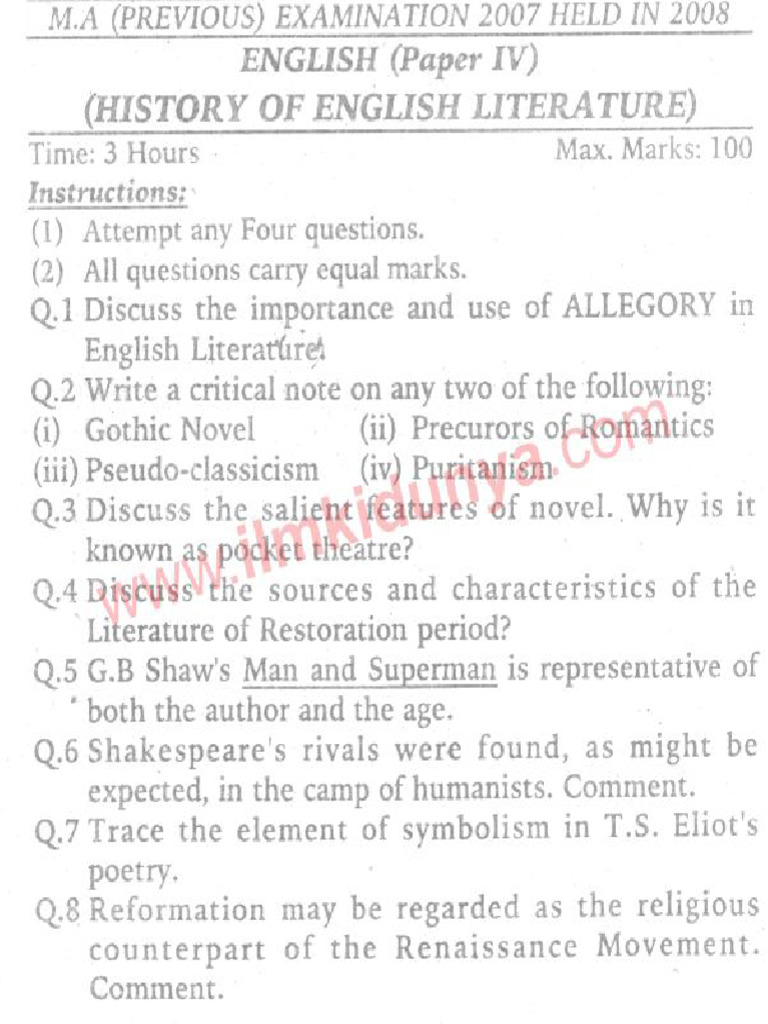 Karachi University English MA Part 1 Past Paper 2008 Paper 4 | PDF
