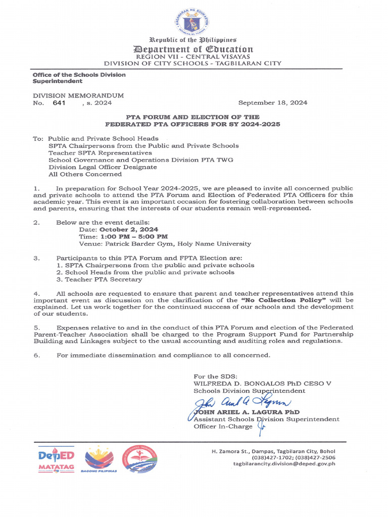 DM No. 641, S. 2024 Pta Forum and Election of The Federated Pta ...