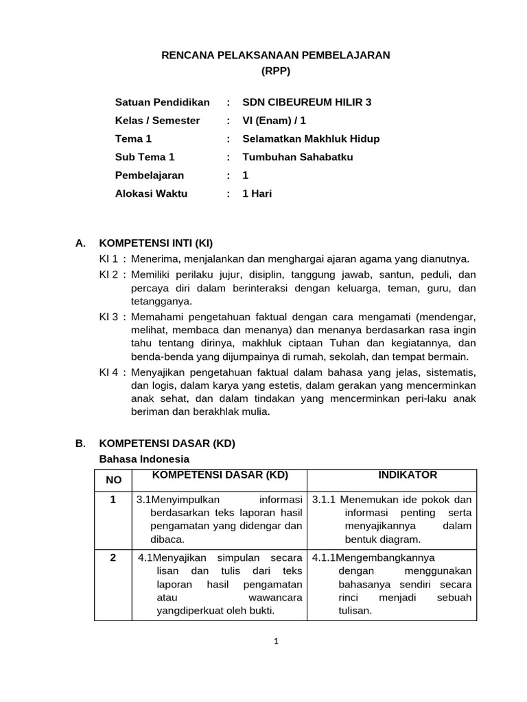 RPP K6 Tema 1 ST 1 Rev. 2018 | PDF