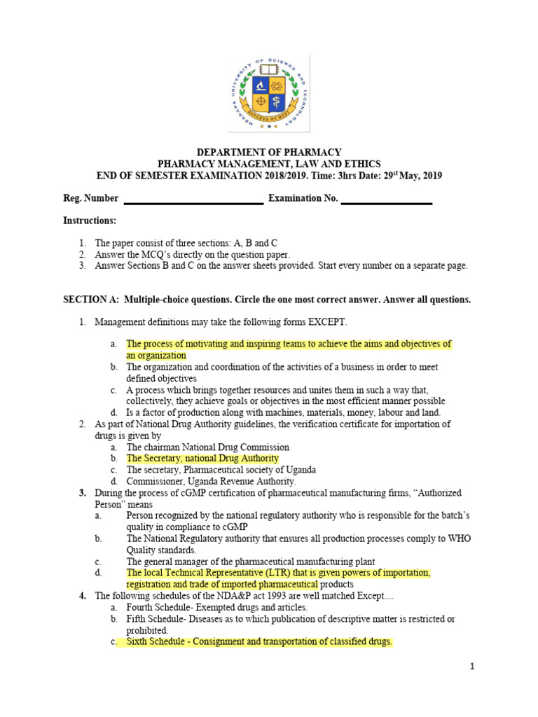 Pharmacy Management End of Sem Exam May 2019 (Student Revision) | PDF