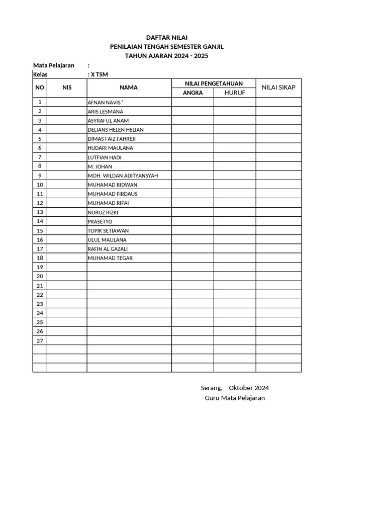 Form Nilai PTS Ganjil 2024-2025 | PDF