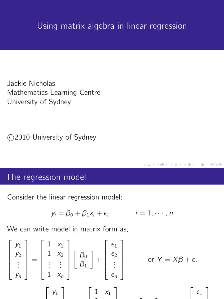 Using Matrix Algebra in Linear Regression | PDF