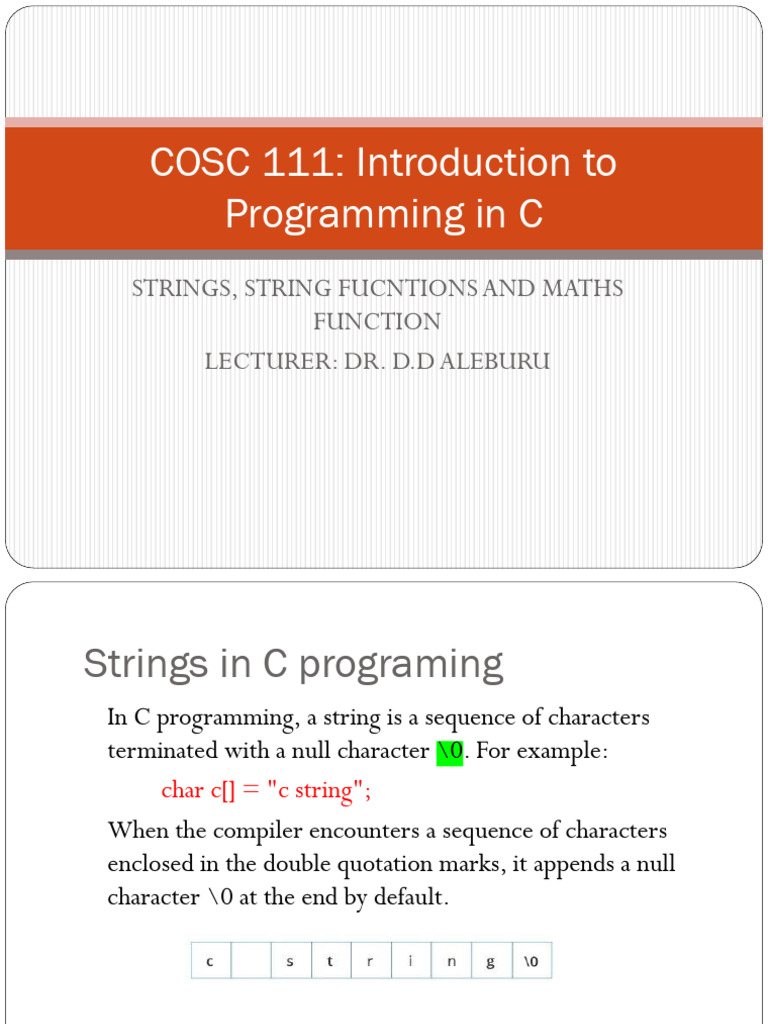 COSC 111: Introduction To Programming in C: Strings, String Fucntions ...