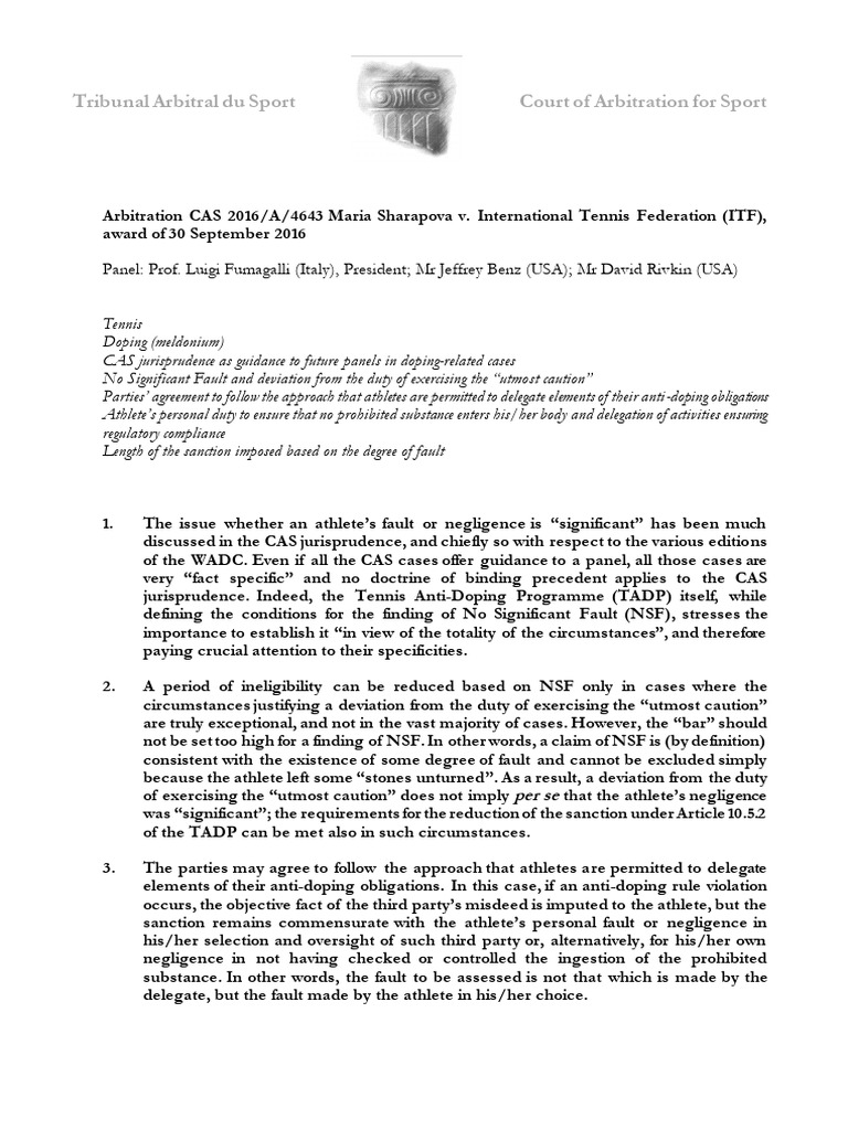 Tribunal Arbitral Du Sport Court of Arbitration For Sport | PDF