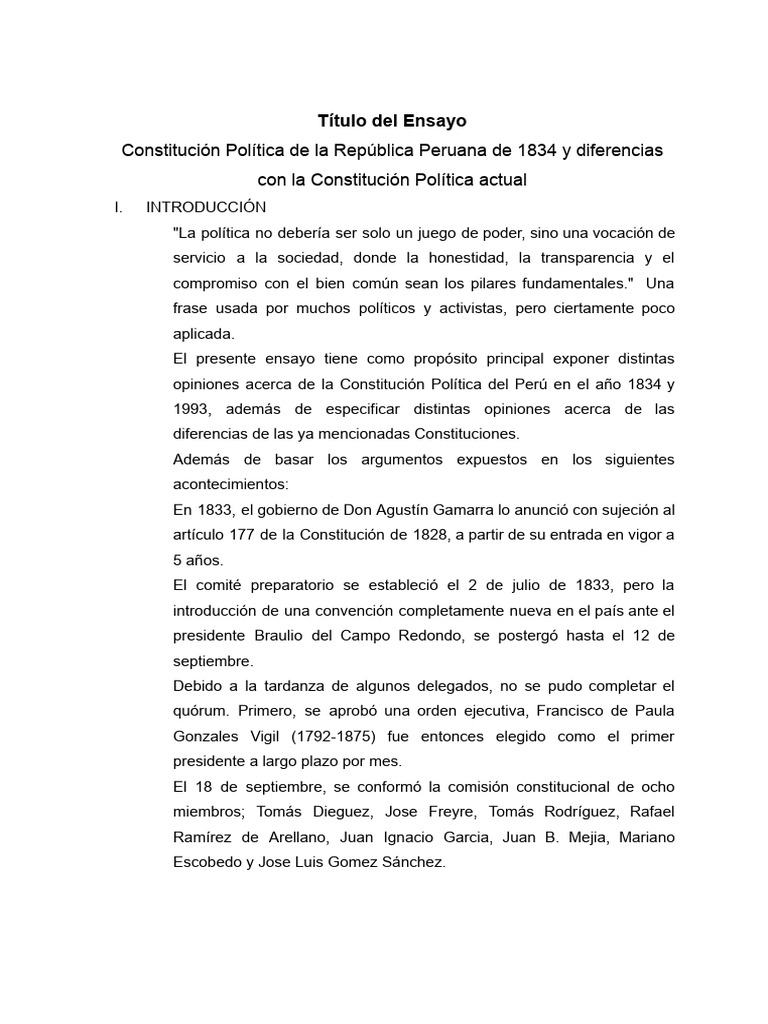 Constitución Política de La República Peruana de 1834 y Diferencias Con ...