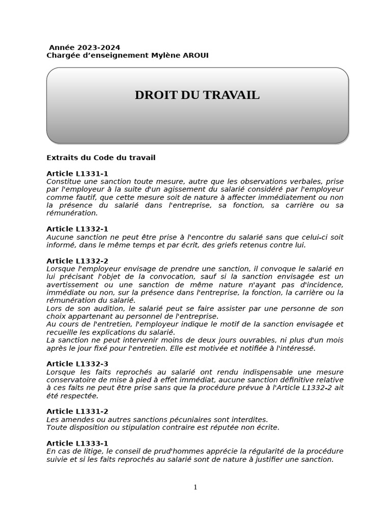 Fiche 2 Droit Du Travail 2023-2024 | PDF