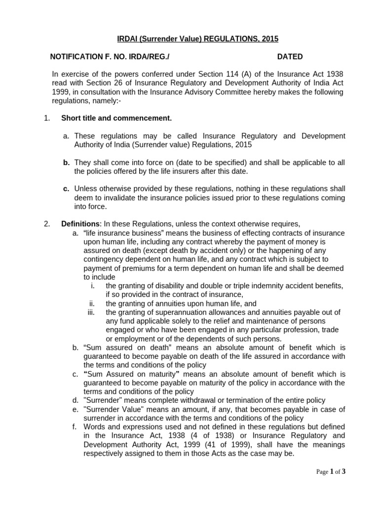 IRDAI (Surrender Value) REGULATIONS, 2015 Attachment-1 | PDF