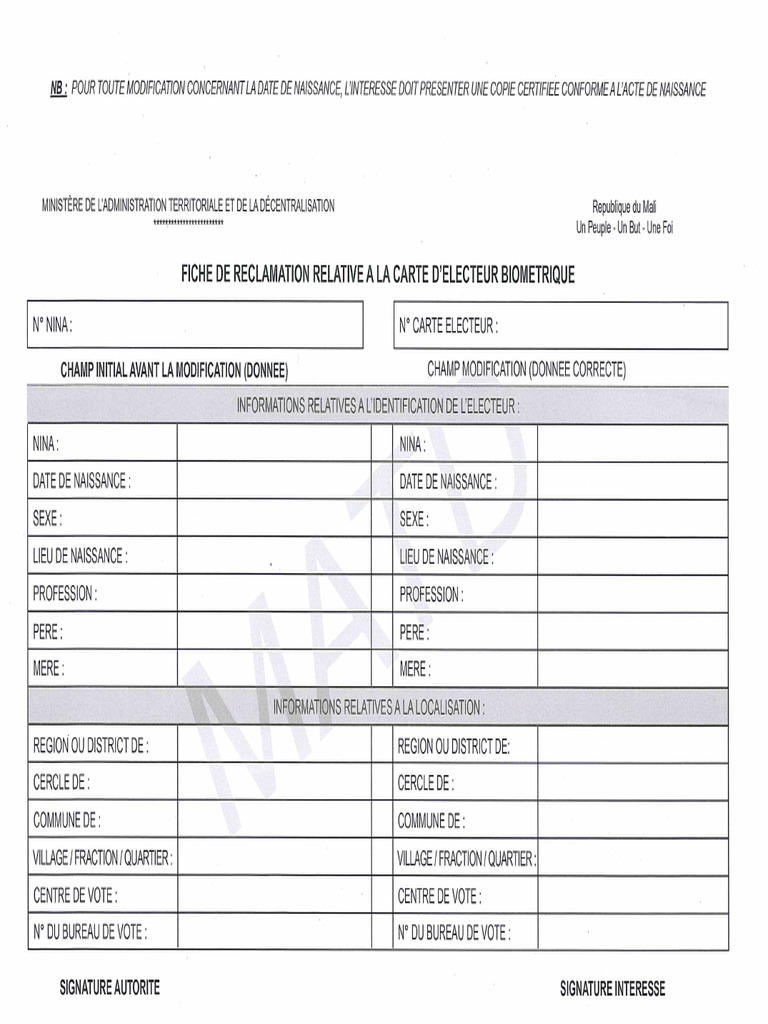 Fiche de Réclamation Carte Électeur Biométrique | PDF