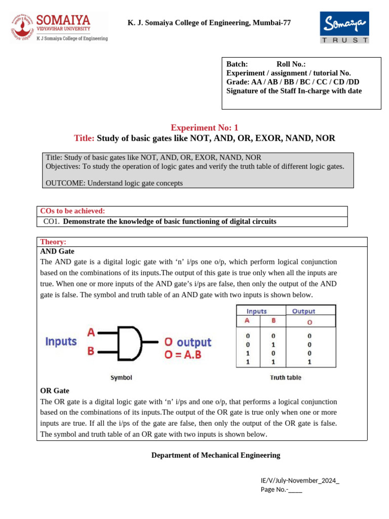 Experiment 1 Study Of Basic Gates Pdf