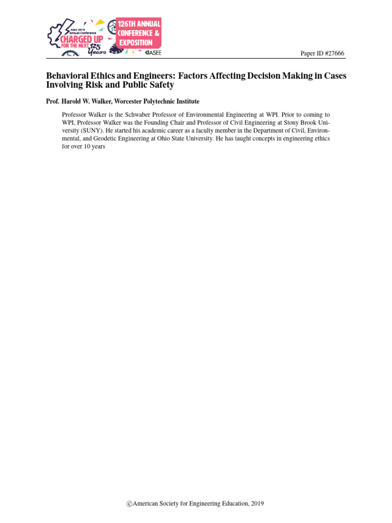 Behavioral Ethics and Engineers Factors Affecting Decision Making in Cases Involving Risk and ...