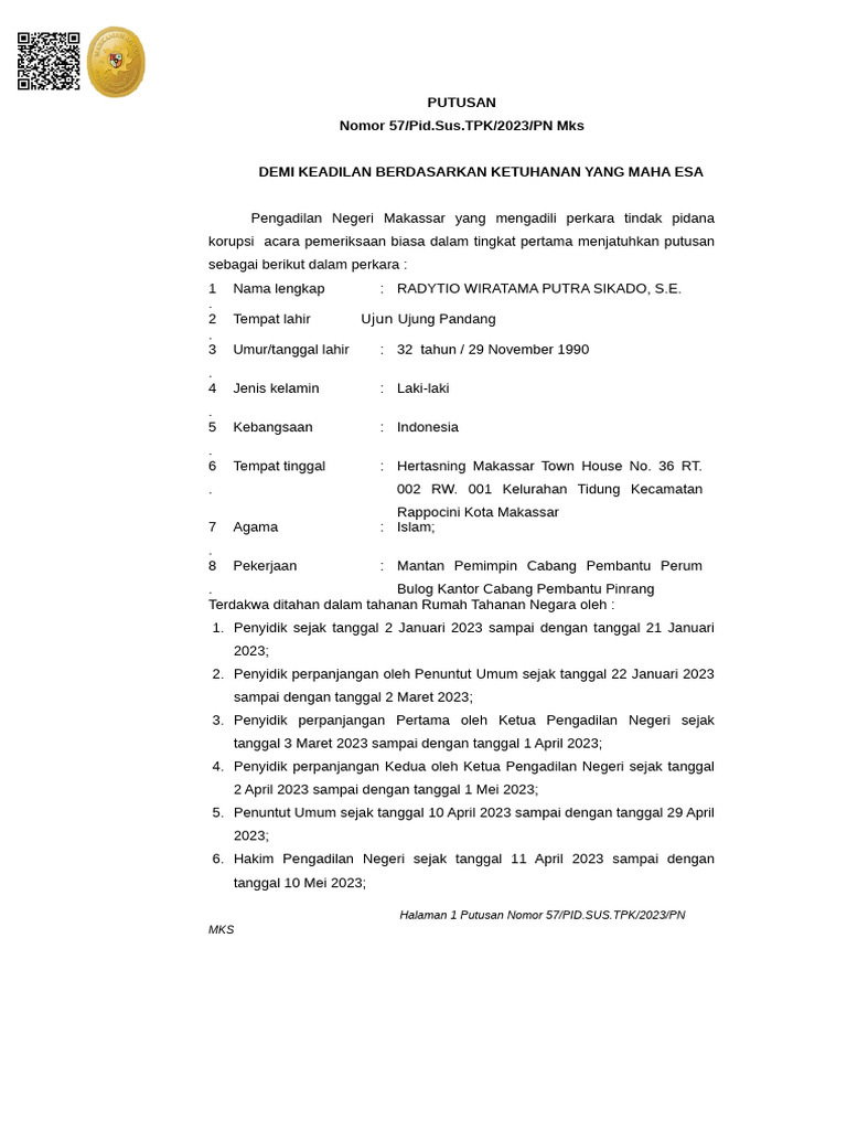 Putusan 57 Pid - Sus-Tpk 2023 PN Mks 20230929235014 | PDF