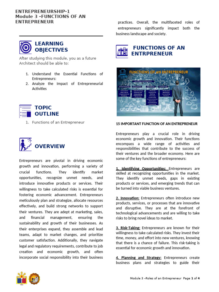 OK Module 4 FUNCTIONS OF AN ENTREPRENEUR | PDF