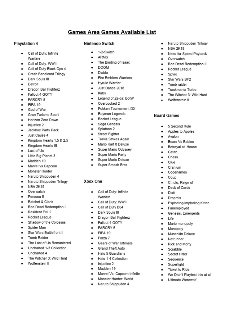 Games Area Game List | PDF